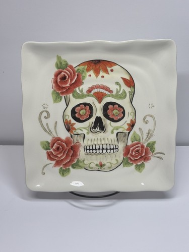 Maxcera Day of The Dead Square White Porcelain Plate Sugar Skull Pink ...