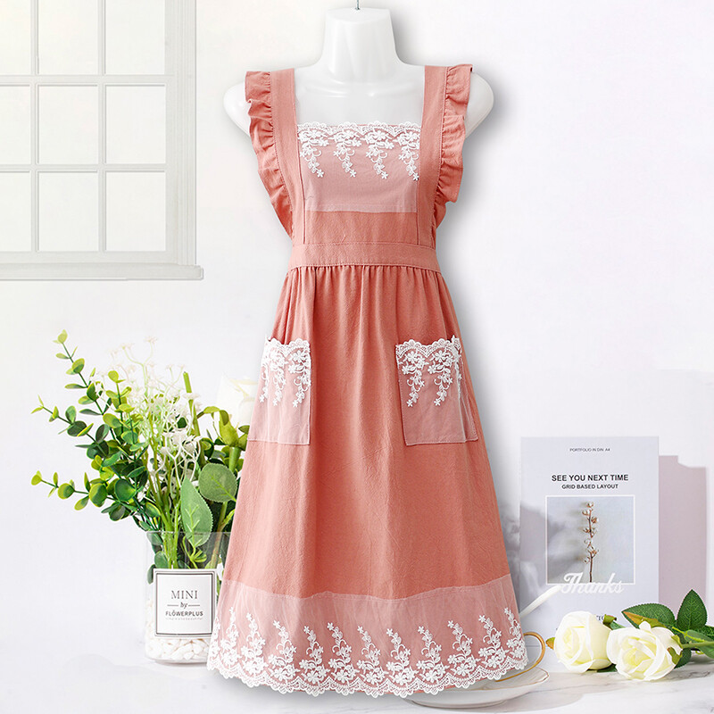 Lady Cotton Blend Apron Smock Lace Patchwork Pocket Painting Baking ...
