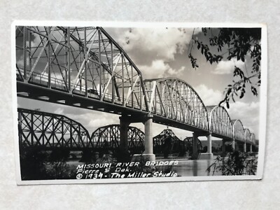 H242 Postcard RPPC Missouri River Bridges Pierre SD South Dakota 1939 ...