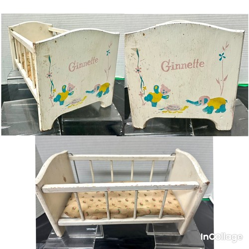 Vtg Strombecker Ginnette Doll Crib Movable Rail w/Bedding Wood 11” 1950 ...