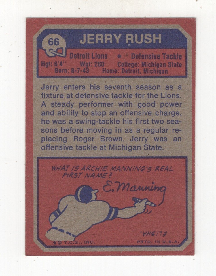 1973 TOPPS FOOTBALL JERRY RUSH DETROIT LIONS #66 | eBay