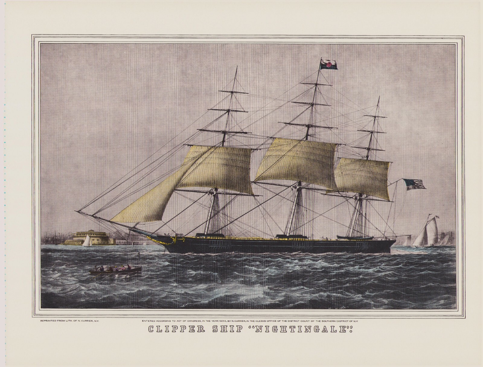 1952 CURRIER & IVES CLIPPER SAILING SHIP NIGHTINGALE 12x15 PRINT ...