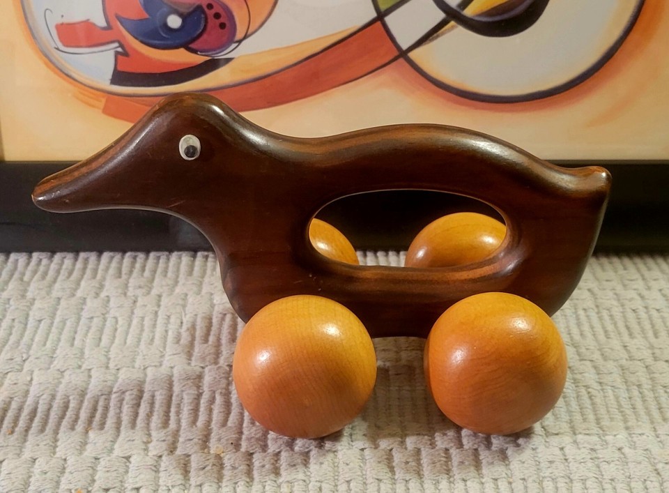 Vintage Wheeled Wooden Duck Handheld Massager Roller Nursery Toy Gift ...