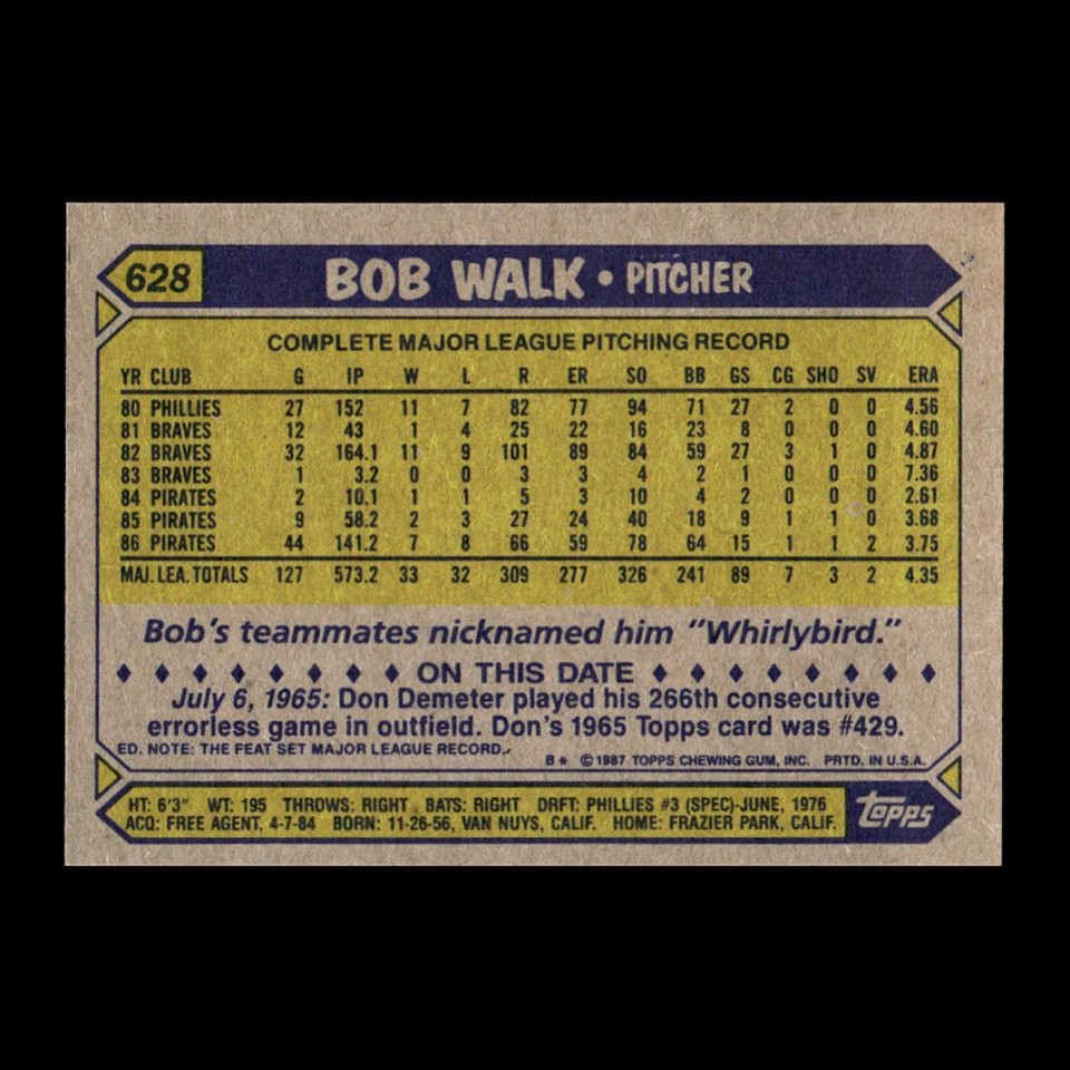 Bob Walk 1987 Topps Pittsburgh Pirates #628 Set Break R306 | eBay