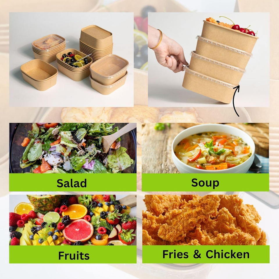 Disposable Salad Bowls W/Lids 500Ml to Go, Square Kraft Paper Bowls 50 ...
