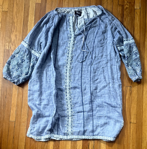 Size 1X Johnny Was Workshop Dress Blue Washed Embroidery Keyhole Tie ...