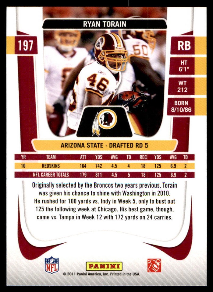 2011 Panini Prestige #197 Ryan Torain Washington Redskins | eBay