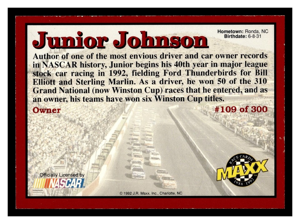 1992 Maxx (Red) #109 Junior Johnson Junior Johnson & Associates | eBay