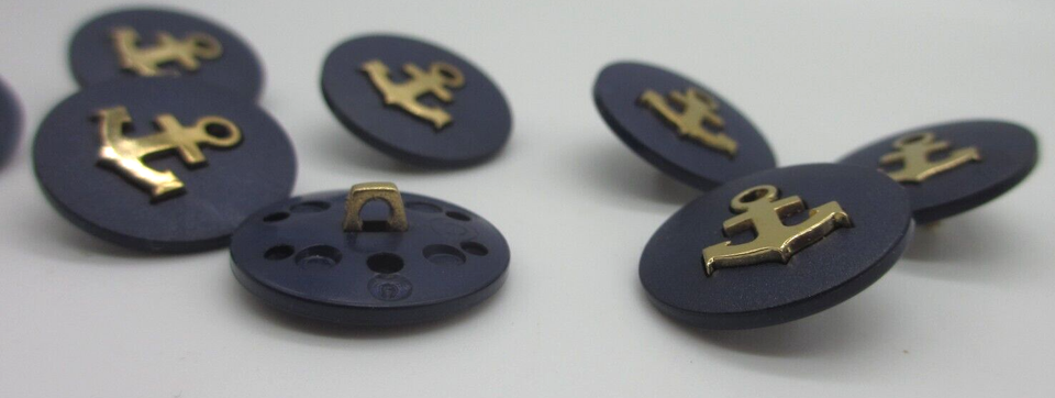 Eight (8) Round NAVY BLUE Plastic Gold Anchors Shank Back Buttons 3/4 ...