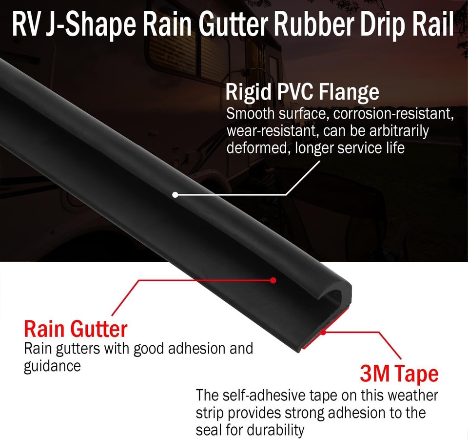 Black 16ft RV Boat Van Rain Gutter Trim Flexible PVC with Strong ...