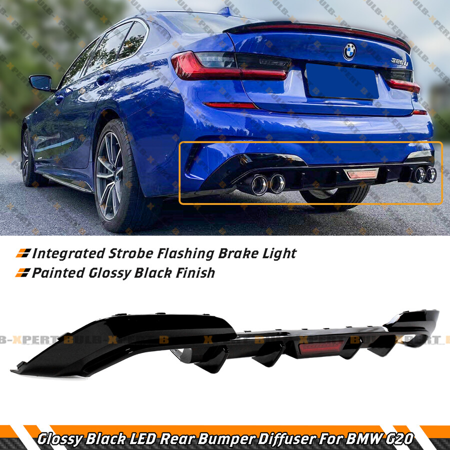 GLOSS BLACK REAR DIFFUSER W/ LED BRAKE LIGHT FOR 19-22 BMW G20 3 SERIES ...