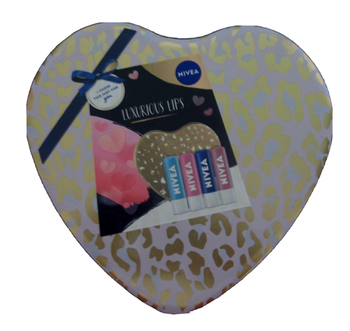 Nivea Luxurious Lips Gift Set 4 x Lip Balm Animal Print Heart Shape Tin ...