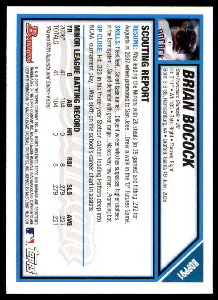 2007 BOWMAN DRAFT PICKS & PROSPECTS GOLD BRIAN BOCOCK SAN FRANCISCO ...