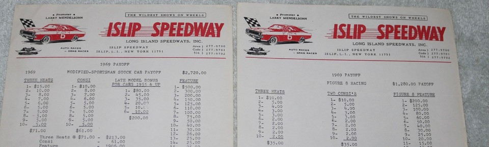 RARE 1969 ISLIP SPEEDWAY MODIFIED SPORTSMAN STOCK CAR & FIGURE 8 PAYOFF ...