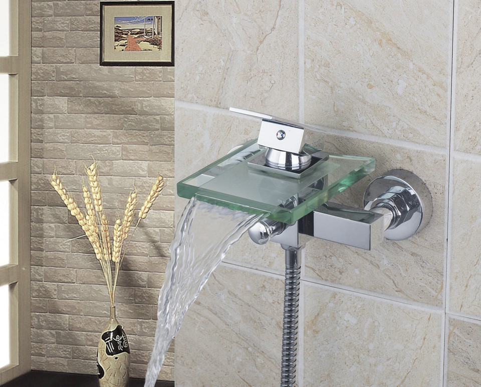 Modern Unique Wall Mount Bathroom Glass Bathtub Mixer Faucet Tap Hand ...