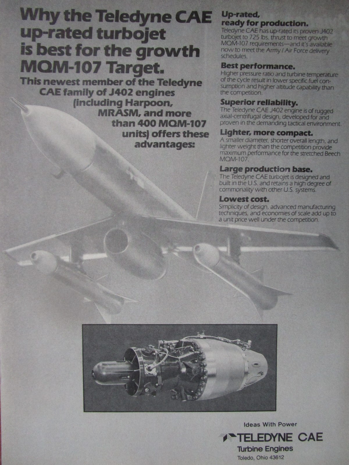 11/1982 PUB TELEDYNE CAE TURBINE ENGINES MQM-107 TARGET J402 ENGINE ...