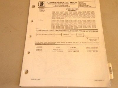 Tecumseh Engine TVXL195 TVXL220 PARTS MANUAL CATALOG LAUSON ENGINE ...