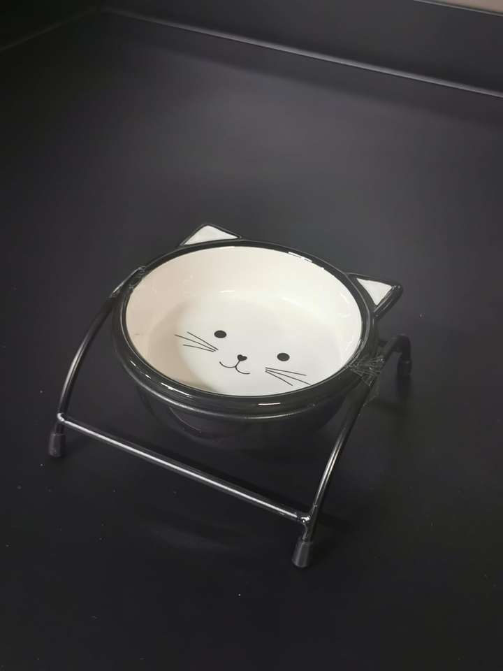 Bowl for Food and Water + Cat Holder Ceramic Handle Black/White round ...
