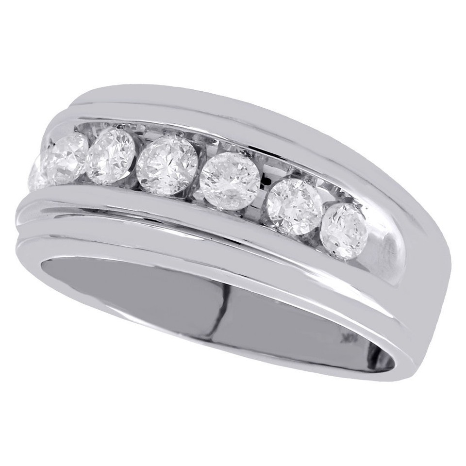 10K White Gold Genuine Diamond 7 Stone Channel Set Wedding Ring 10mm ...