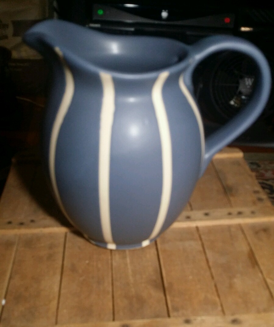 Hausenware Pottery Federal Blue w Ivory Stripe Pitcher 8" height hand ...