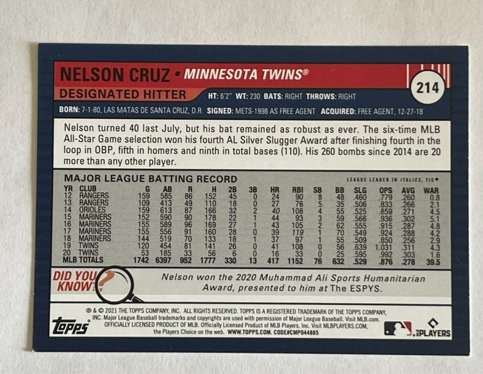TOPPS 2021 BIG LEAGUE NELSON CRUZ DH #214 MINNESOTA TWINS BASEBALL CARD ...