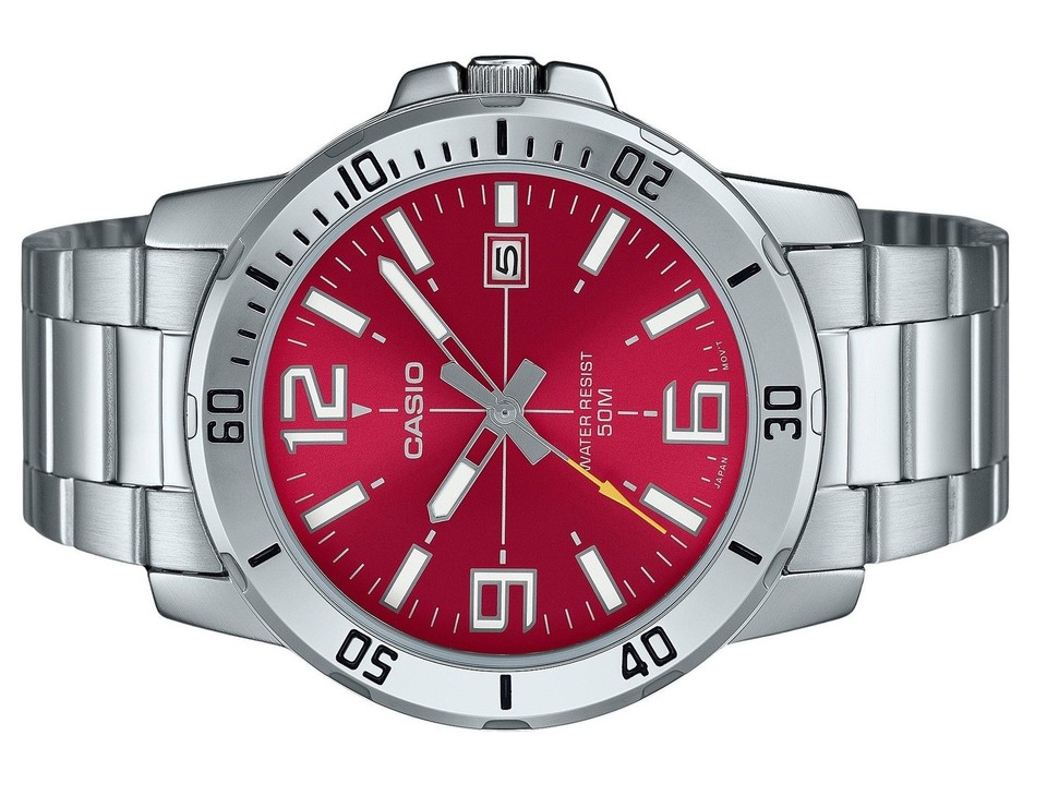 Casio Stainless Steel Red Dial Date Quartz MTP-VD01D-4BV 50M Analog ...