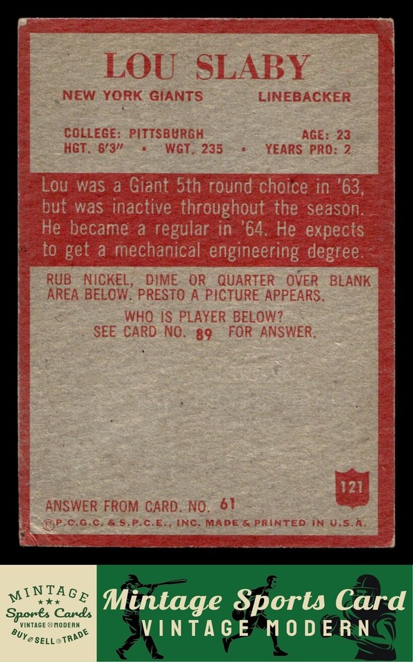 1965 Philadelphia - Lou Slaby - #121 New York Giants | eBay