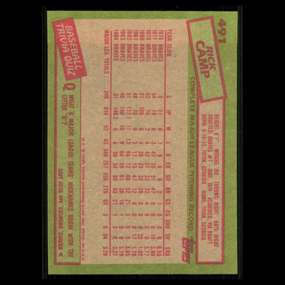 Rick Camp #491 1985 Topps Atlanta Braves Baseball Card MLB NM | eBay