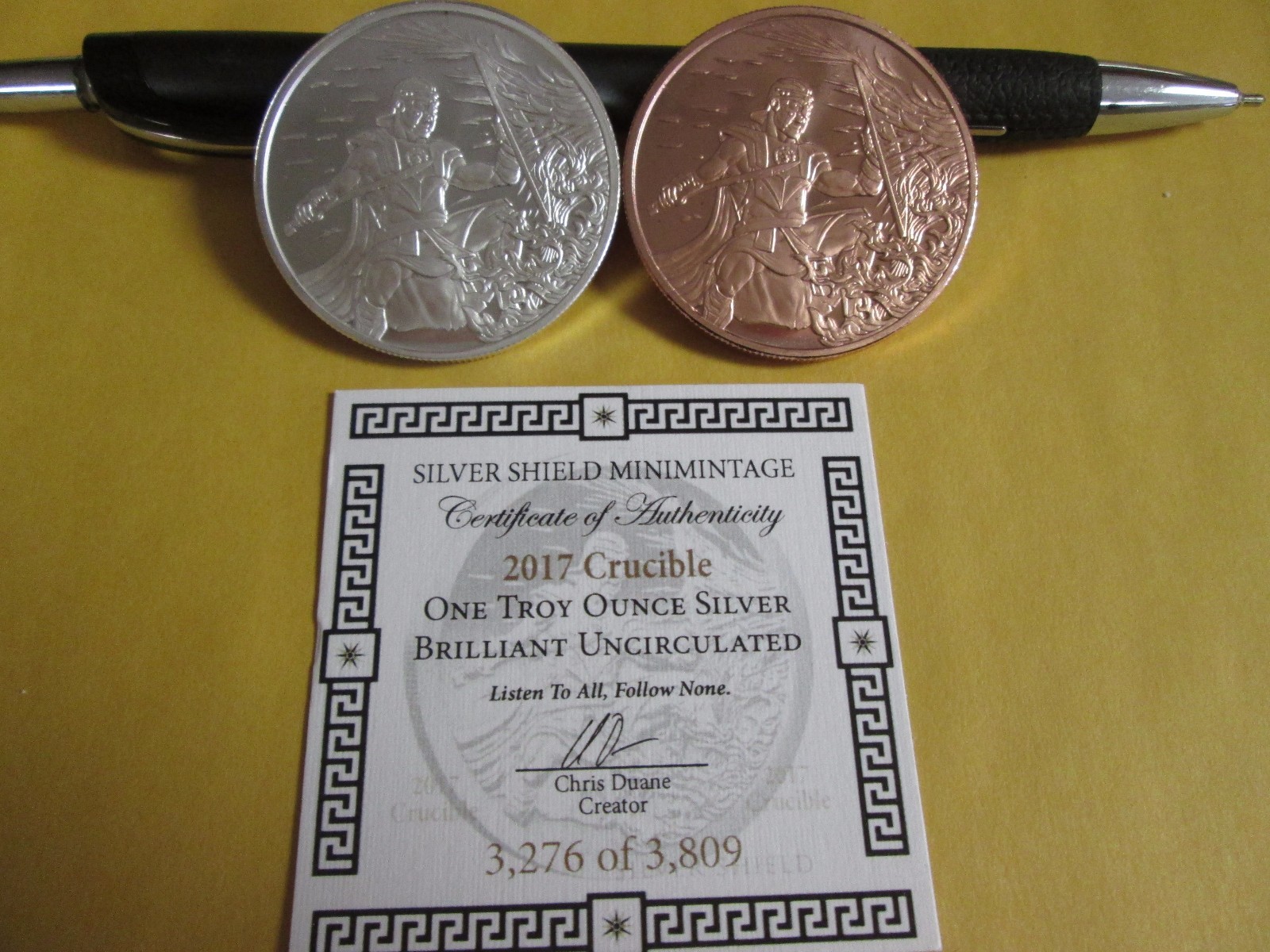 1 oz .999 fine 2017 Crucible Silver/Copper Shield Shield BU rounds W ...