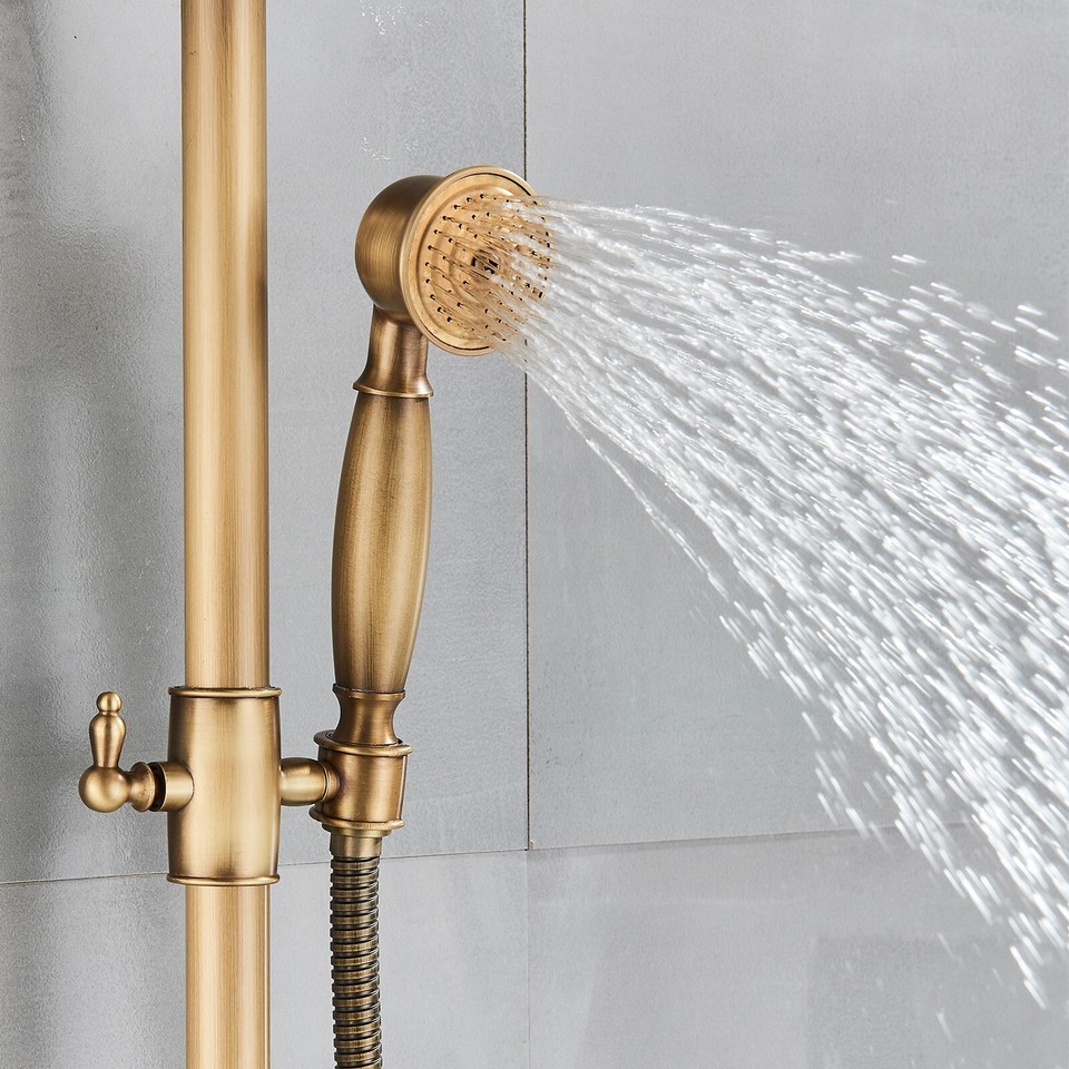Antique Brass Rainfall Shower Faucet System Set Wall Mount Shower Mixer ...