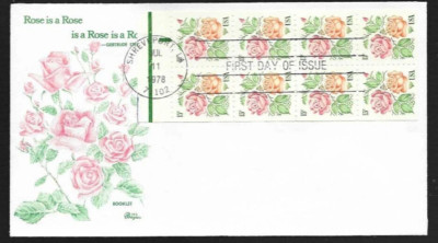 ROSES TAB BOOKLET PANE OF 8 COMPLETE #1737A 1978 SCARCE BAZAAR CACHET ...