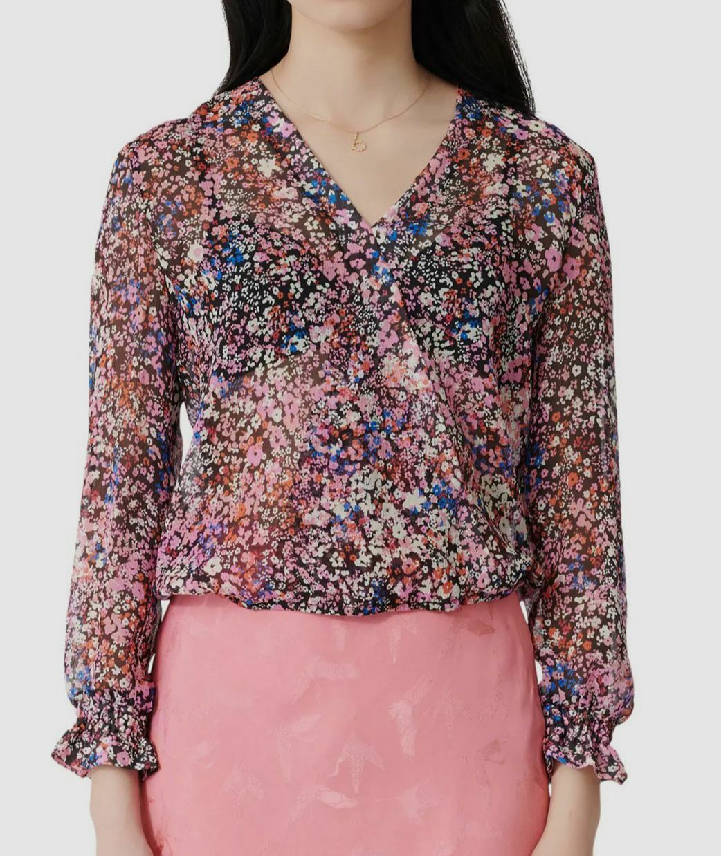 $340 Maje Women Pink Floral Sheer Long-Sleeve Silk Blouse Shirt Top ...