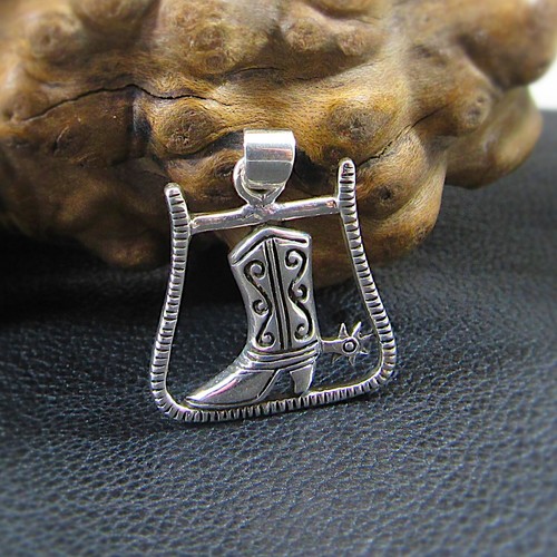 Solid 925 Sterling Silver Cowboy Boot & Spurs in Horseshoe Pendant ...