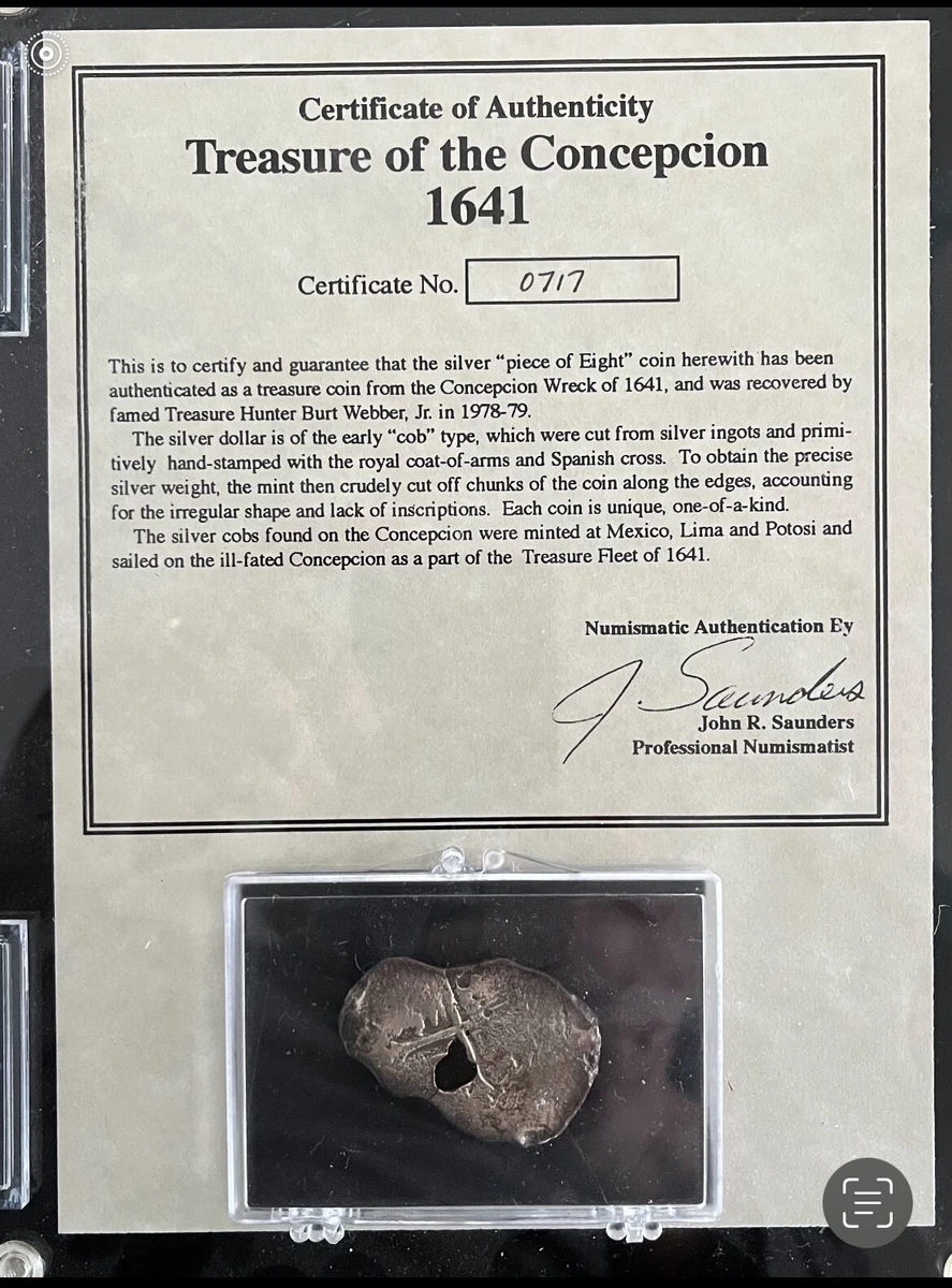 1640 Concepcion Shipwreck Reales Coin With COA CHOICE Grade, 48% OFF