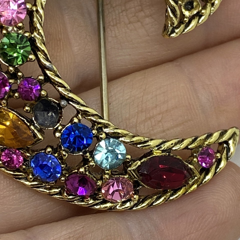 Vintage Weiss Pin Brooch Multi Color Rainbow Rhinestone Crescent ...