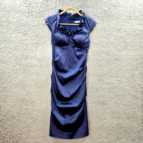 Vintage Quba Womens Pencil Dress Size 8 Navy Blue Satin Short Sleeve ...