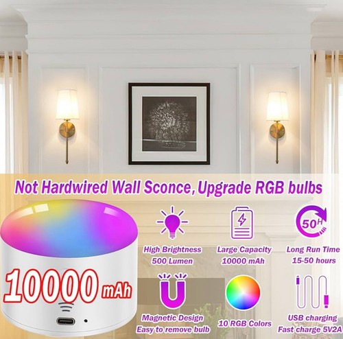 2 Pack Battery Operated Wall Lamps Rechargeable Sconces RGB W/ Remote ...