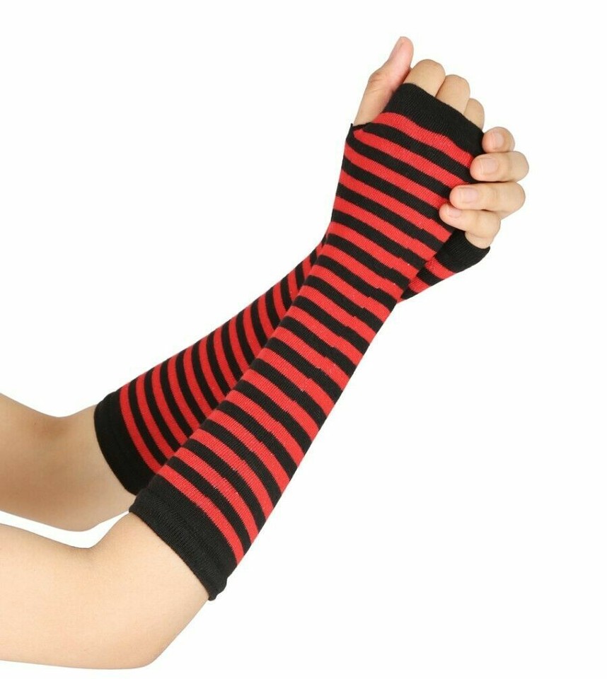 Striped Ladies Arm Gloves Women Mitten Black and Red Fingerless Thumb ...