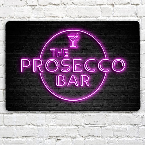 The Prosecco Bar Sign - Pink Neon effect printed Metal Wall A4 Bar Sign ...
