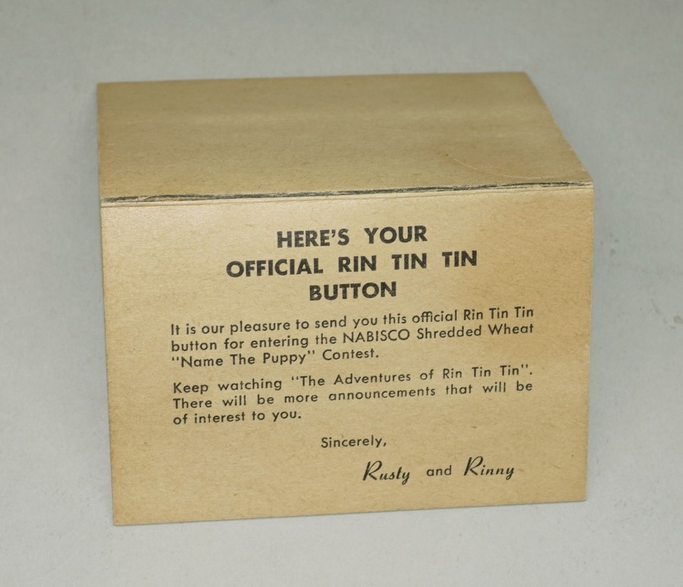 ORIGINAL 1950S NABISCO RIN TIN TIN CEREAL PREMIUM PIN WITH CARD AND ...