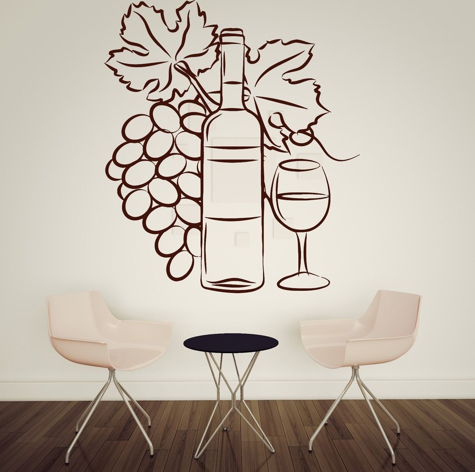 Wall Vinyl Sticker Decor Wine Glass Bottle Cluster of Grapes (n179) | eBay