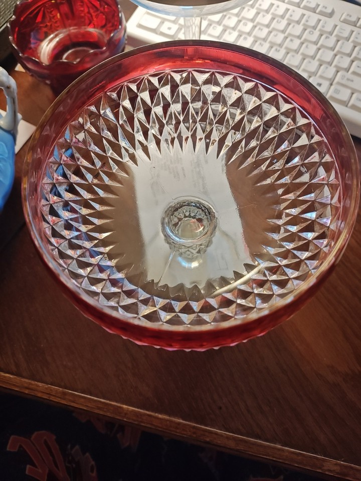 VTG Glass Indiana Cranberry/Ruby /Flash Diamond Point Pedestal Candy ...