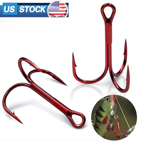 100pcs/Box Red Treble Hooks High Carbon Steel Sharp &Round Bend Size #2 ...