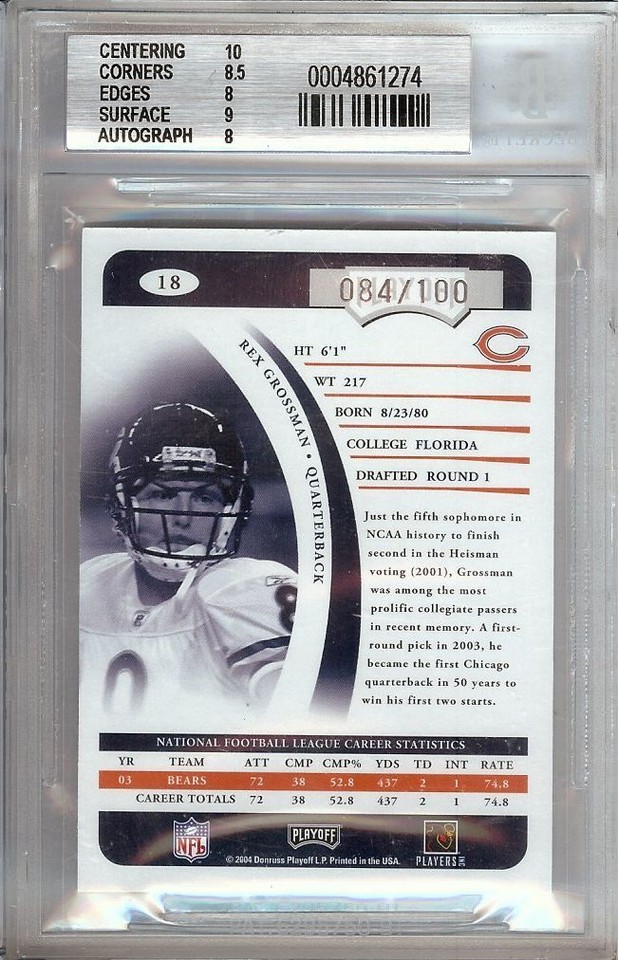 Rex Grossman 2004 Playoff Prime Signatures Silver Proof Auto BGS 8.5 ...