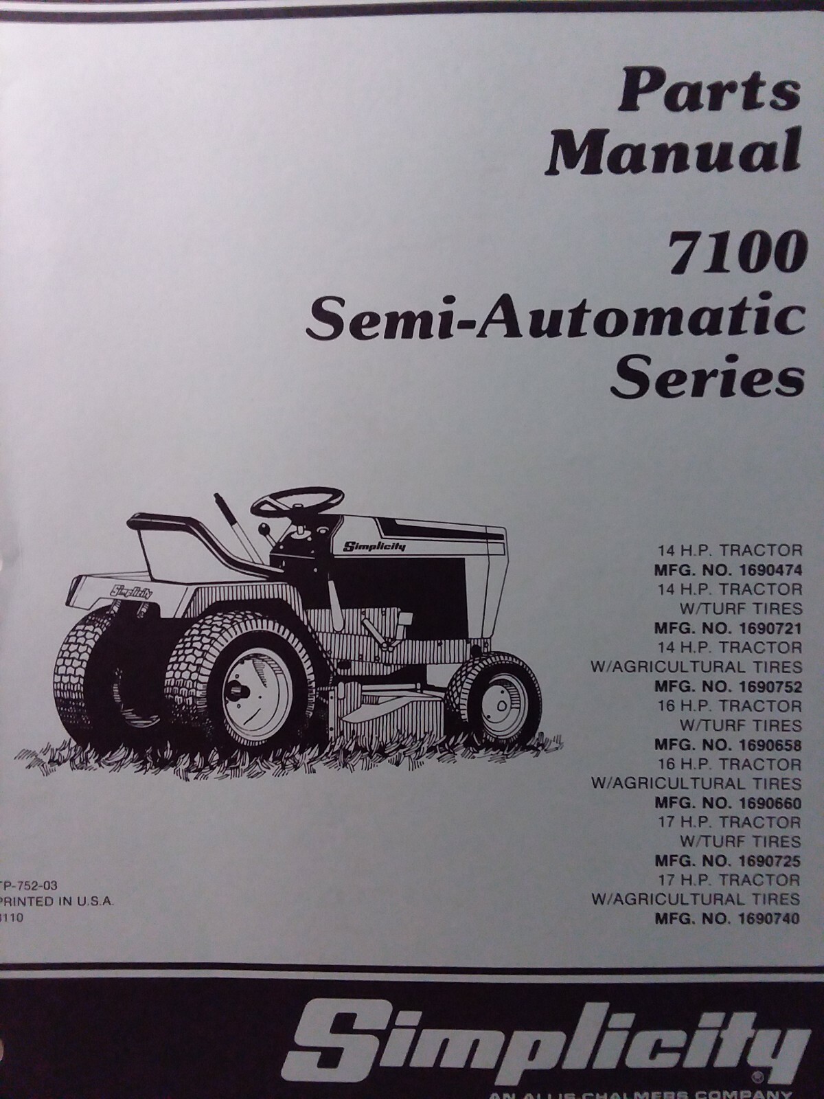 Simplicity 7114 7116 7117 Semi-Automatic Garden Tractor Parts Catalog ...