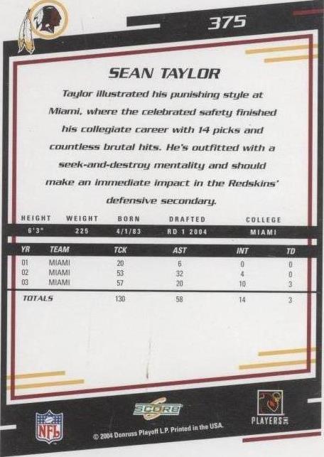 2004 Score Sean Taylor #375 for sale | eBay