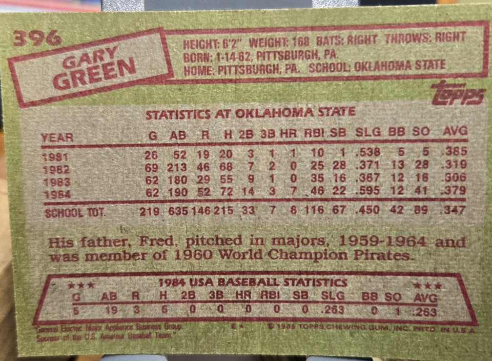 1985 Topps USA Olympic Team Baseball Card of Gary Green #396 (NM) Free ...