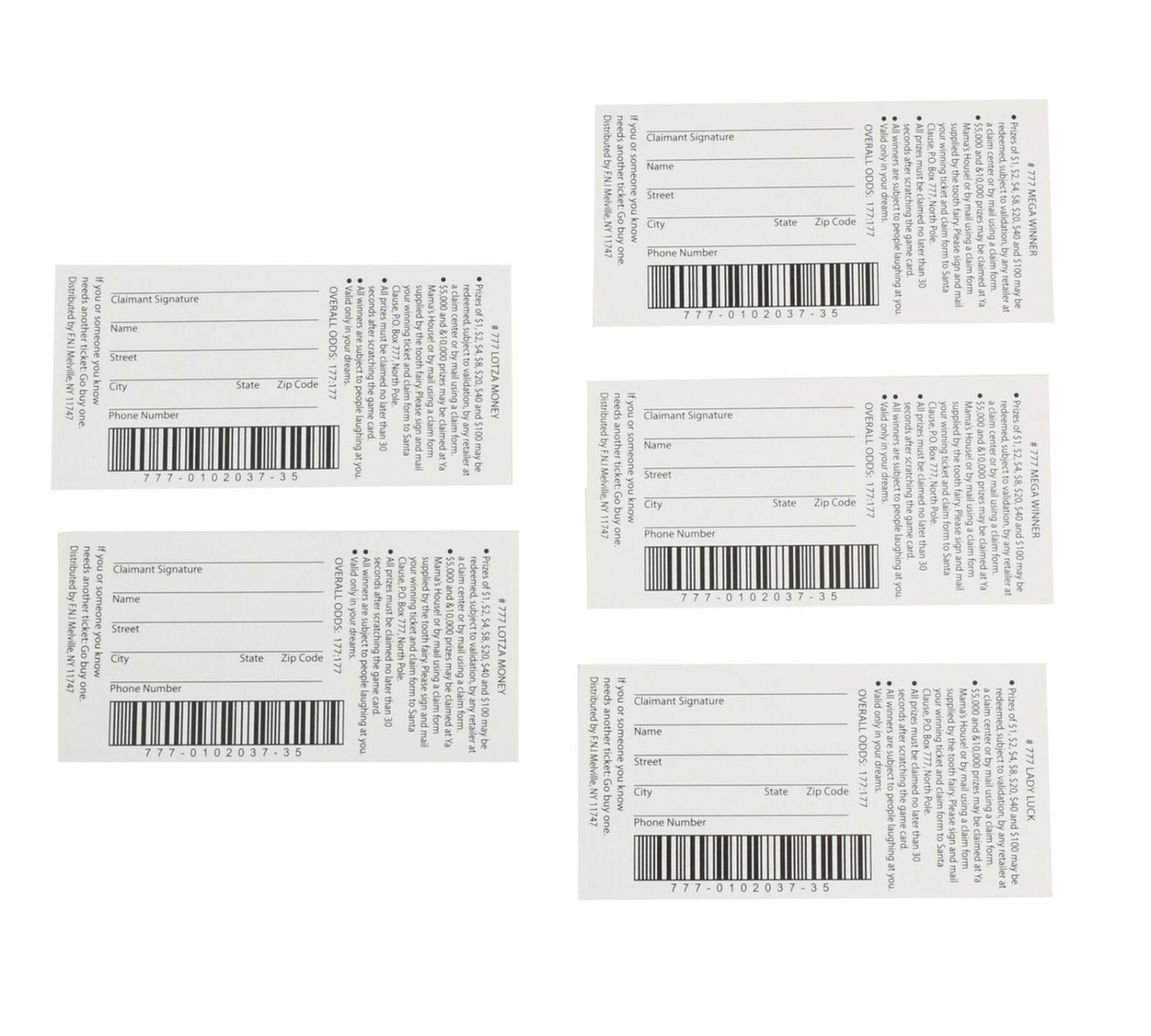 5 GAG LOTTO TICKETS Cards Fake Lottery Winner Scratch Off Funny Joke ...