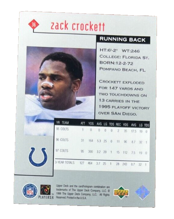1998 UPPER DECK BLACK DIAMOND CARD # 36 Zack Crockett - Indianapolis ...