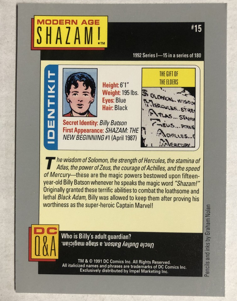 1991 DC Comics card Shazam Modern Age Hero Heritage #15 | eBay